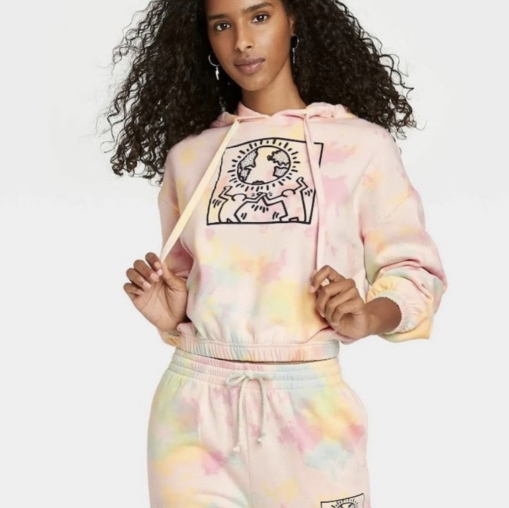 Keith Haring Tie Dye Pastel Art To Wear Cropped Hoodie - Gem